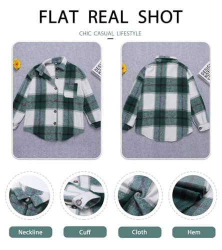 ZOLUCKY Womens Green Flannel Shirt Plaid Shacket Long Sleeve Button Down Shirts Casual Oversized Shackets, Green and White 3X-Large