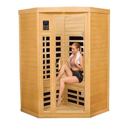 Xmatch Far Infrared Wooden Sauna Room, 2-Person for Corner Space, with 1600W, 7 Low EMF Heaters, 2 Bluetooth Speakers, 2 LED Reading Lamp and 3 Chromotherapy Lights