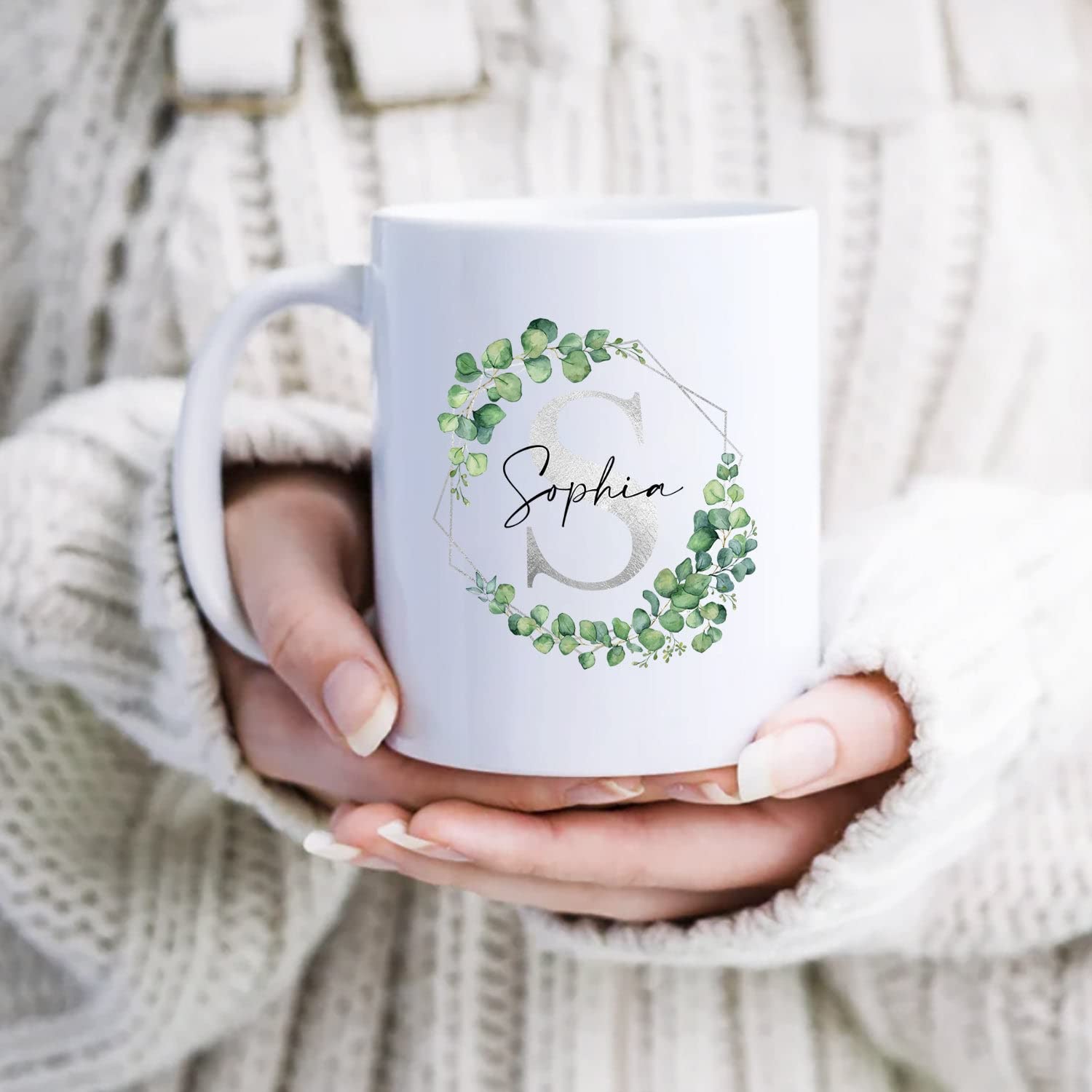 Customized Initial Name Monogram Floral Coffee Mug 11 15 oz, Custom Name Coffee Mug w Letter Alphabet Initial Name Gift For Women Mom Wife Bestie, Personalized Letter Alphabet Initial Leaf Mug Gift