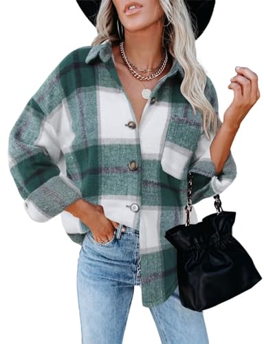 ZOLUCKY Womens Green Flannel Shirt Plaid Shacket Long Sleeve Button Down Shirts Casual Oversized Shackets, Green and White 3X-Large