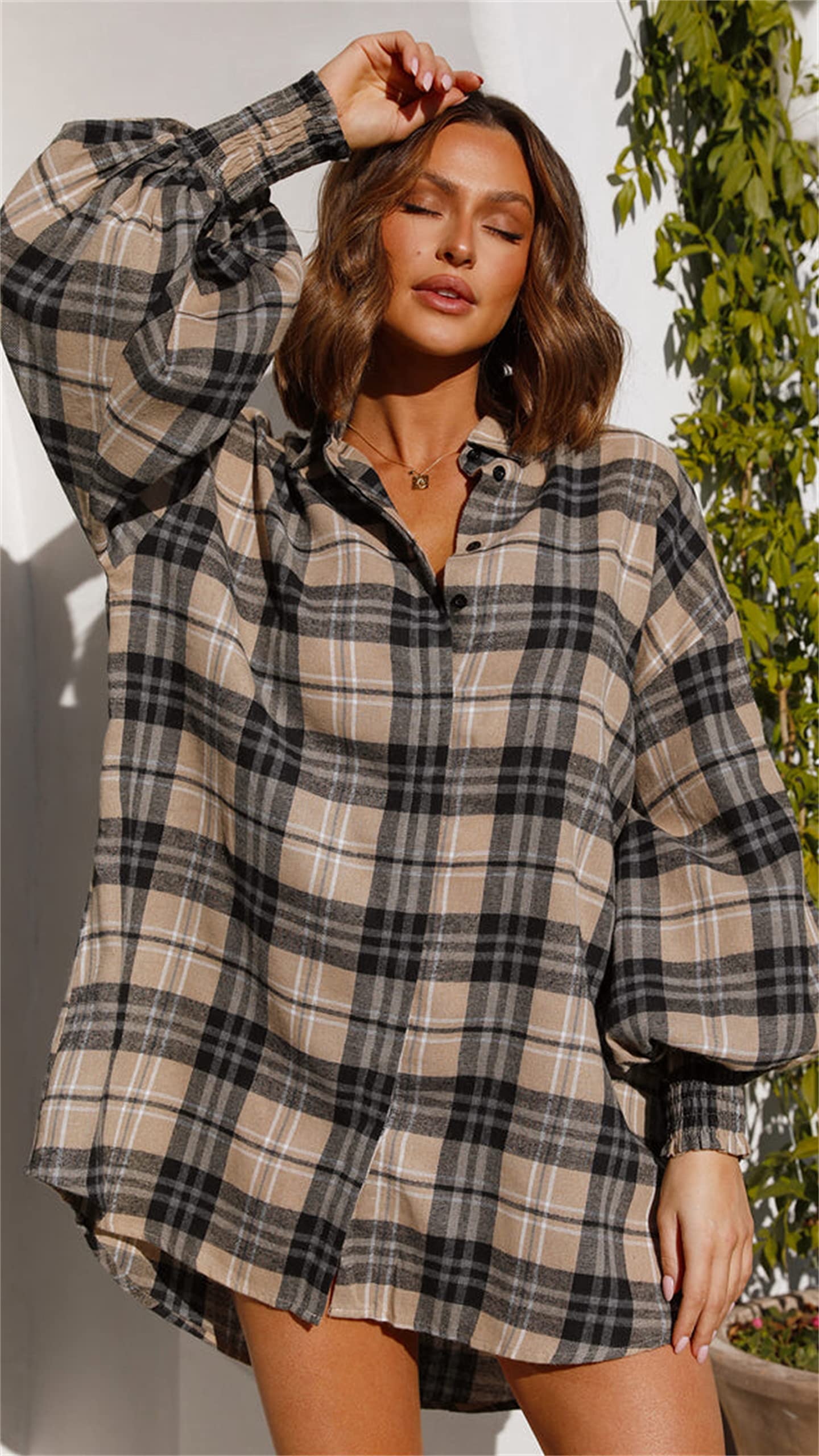 Oversized Button Down Shirts Dress for Women Lapel Plaid Jacket Flannel Boyfriend Blouse Tops Beige and Gray XL