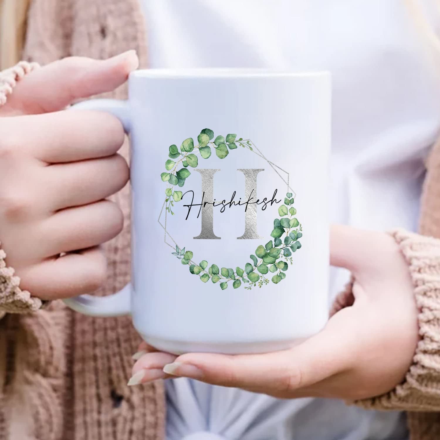 Customized Initial Name Monogram Floral Coffee Mug 11 15 oz, Custom Name Coffee Mug w Letter Alphabet Initial Name Gift For Women Mom Wife Bestie, Personalized Letter Alphabet Initial Leaf Mug Gift