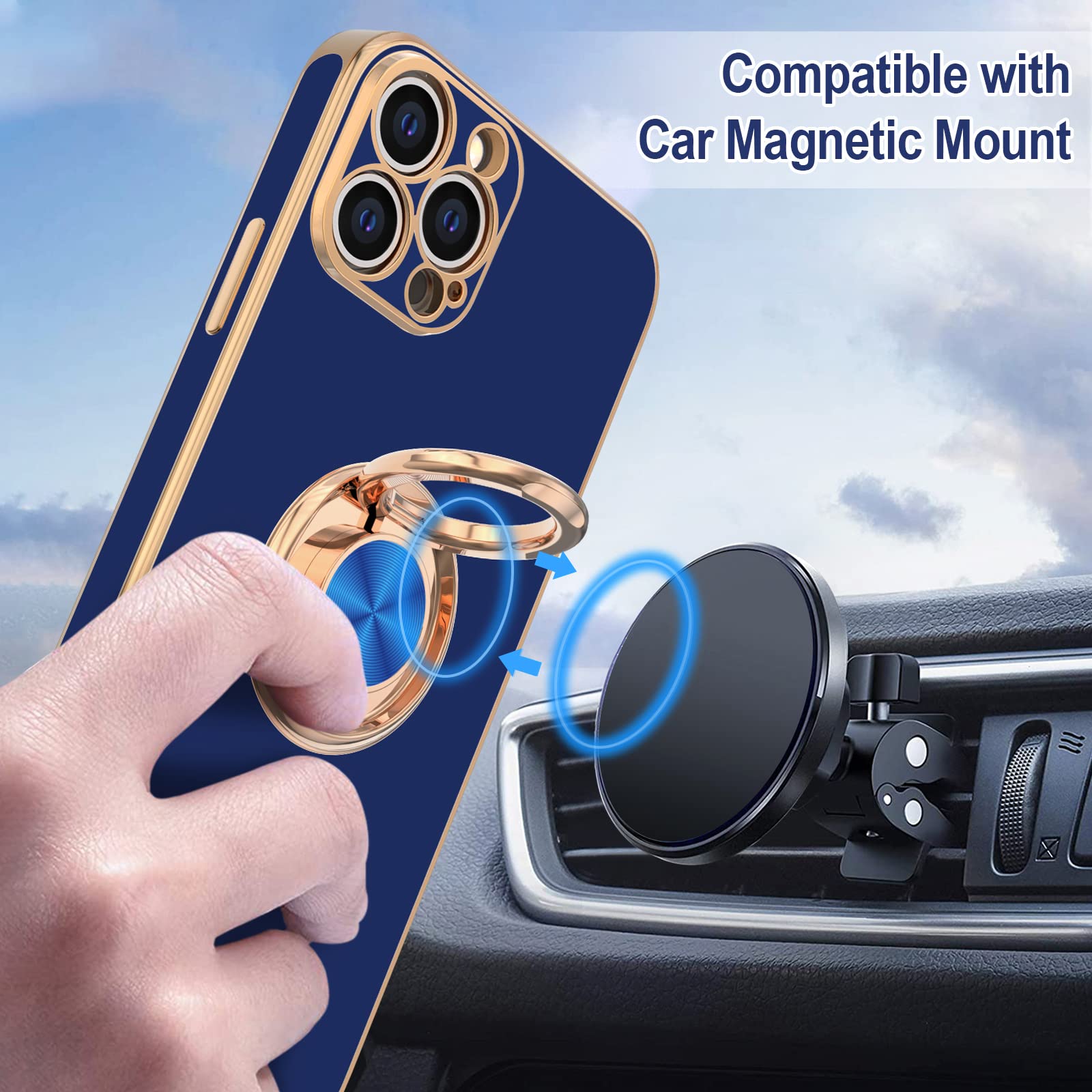 Hython for iPhone 13 Pro Max Case with Ring Stand [360°Rotatable Ring Holder Magnetic Kickstand] [Plated Rose Gold Edge] Slim Soft TPU Cover Luxury Protective Phone Case for Women Men, Blue