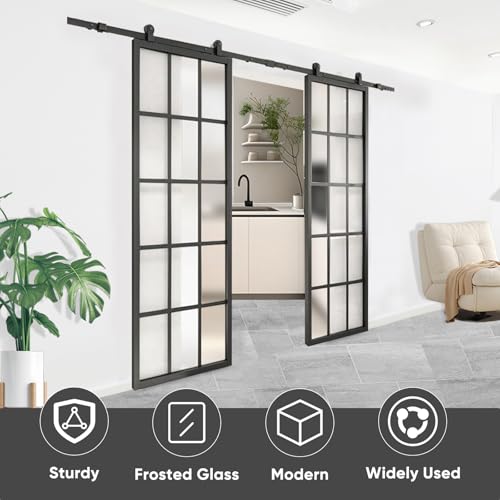 BARNSMITH 60in x 84in Double Glass Barn Door with 13FT Top Mounted Hardware Kit, 5-lite Modern Black Aluminum Tempered Frosted Glass Sliding Door, Assemble Required(2 * 30inx 84in)
