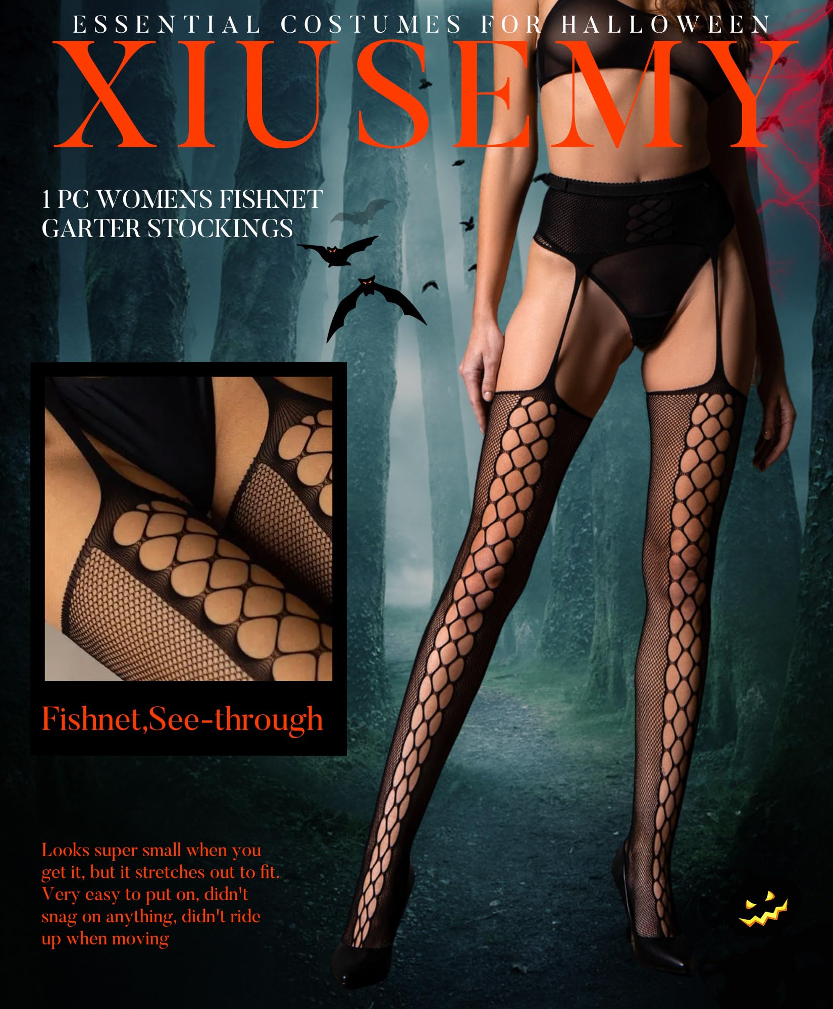 XIUSEMY Fishnet Stockings for Women Patterned High Waist Tights Suspender Pantyhose(BlackJC,M)