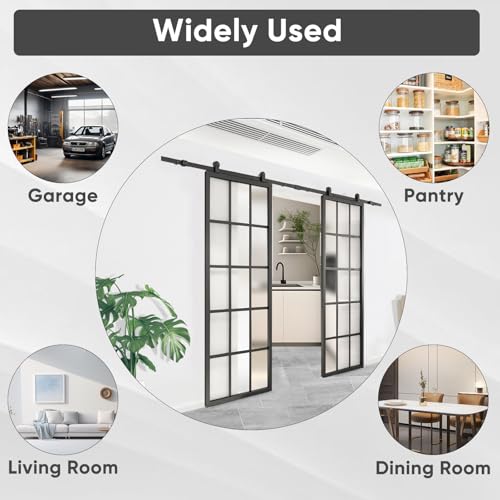 BARNSMITH 60in x 84in Double Glass Barn Door with 13FT Top Mounted Hardware Kit, 5-lite Modern Black Aluminum Tempered Frosted Glass Sliding Door, Assemble Required(2 * 30inx 84in)