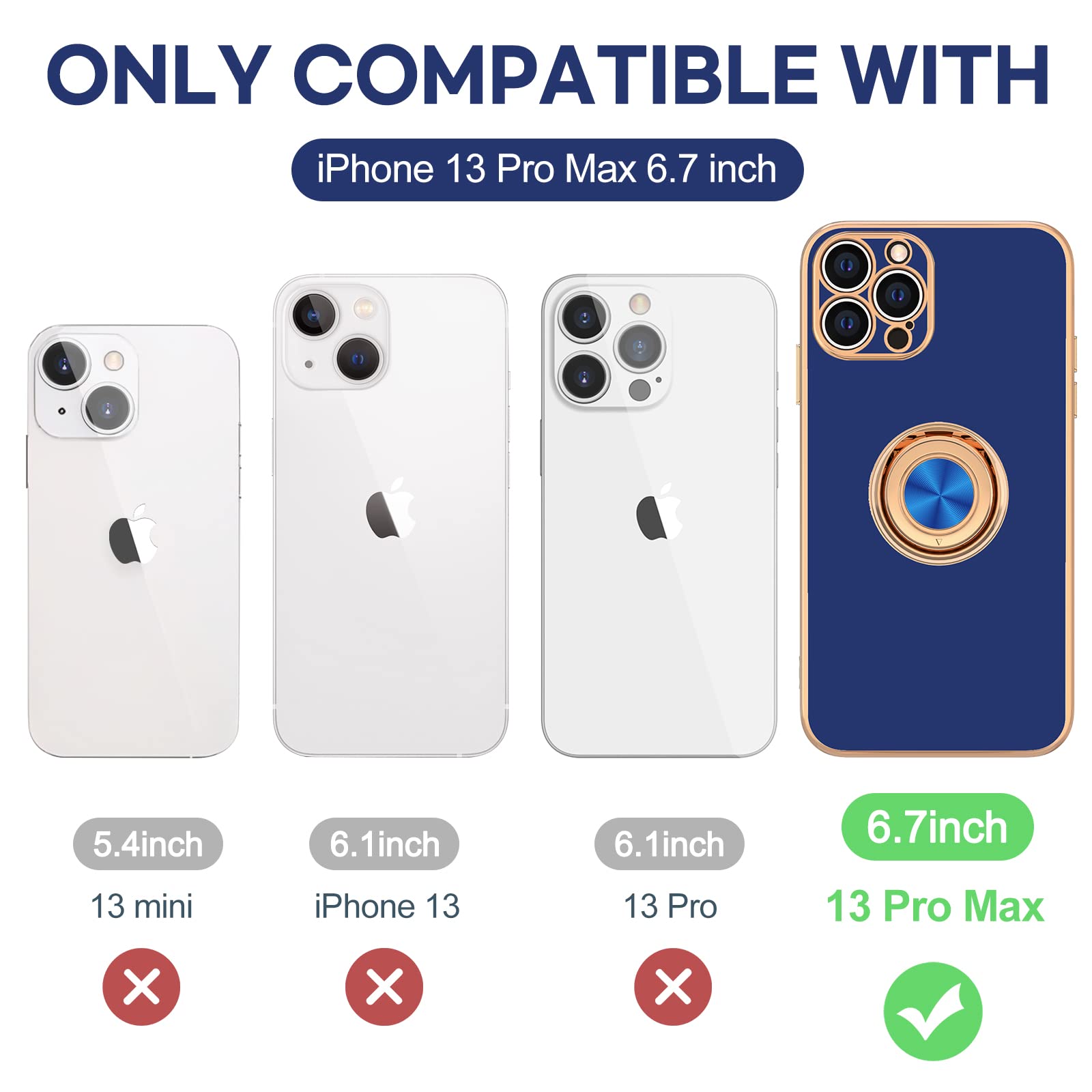 Hython for iPhone 13 Pro Max Case with Ring Stand [360°Rotatable Ring Holder Magnetic Kickstand] [Plated Rose Gold Edge] Slim Soft TPU Cover Luxury Protective Phone Case for Women Men, Blue