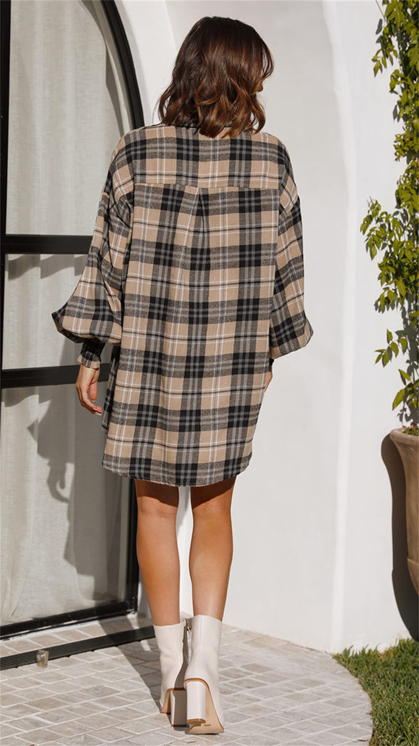 Oversized Button Down Shirts Dress for Women Lapel Plaid Jacket Flannel Boyfriend Blouse Tops Beige and Gray XL