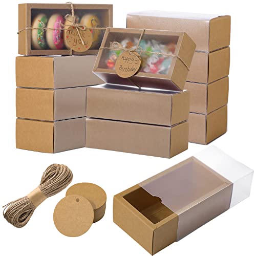 50 Sets 6.3 x 3.5 x 2 Inch Rectangle Kraft Drawer Boxes with Matte Texture Drawer Blank Round Tags and Jute String for Soap Jewelry Candy Gift Paper Wrapping Valentine Party Favor Treats (Kraft Color)