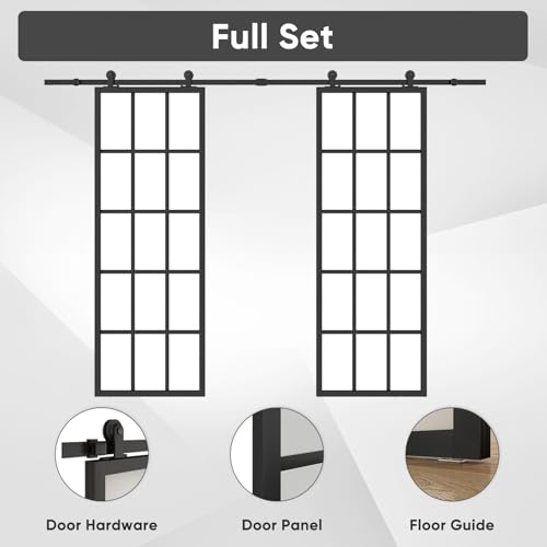 BARNSMITH 60in x 84in Double Glass Barn Door with 13FT Top Mounted Hardware Kit, 5-lite Modern Black Aluminum Tempered Frosted Glass Sliding Door, Assemble Required(2 * 30inx 84in)