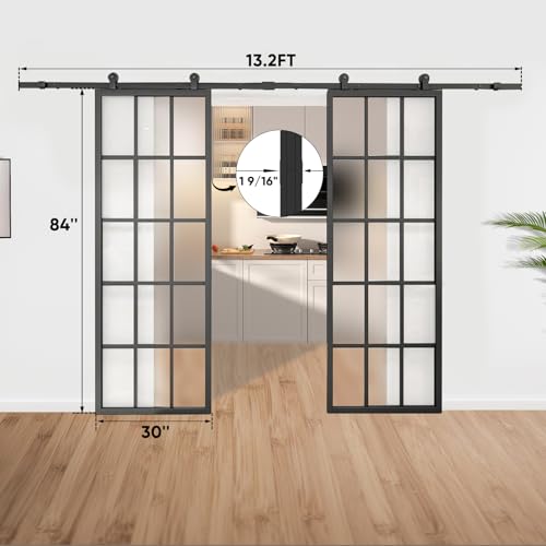 BARNSMITH 60in x 84in Double Glass Barn Door with 13FT Top Mounted Hardware Kit, 5-lite Modern Black Aluminum Tempered Frosted Glass Sliding Door, Assemble Required(2 * 30inx 84in)