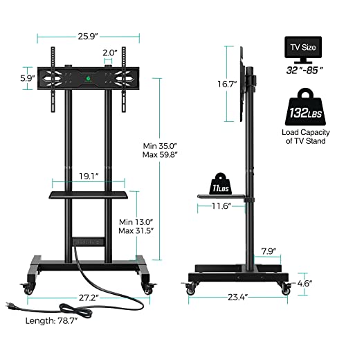 Greenstell TV Stand with Power Outlet, Mobile TV Cart on Wheels for 32-85 inch LED LCD Flat Curved Panel Screens TVs up to 132lbs, Height Adjustable Rolling TV Stand with AV Shelf, Max VESA 600x400mm