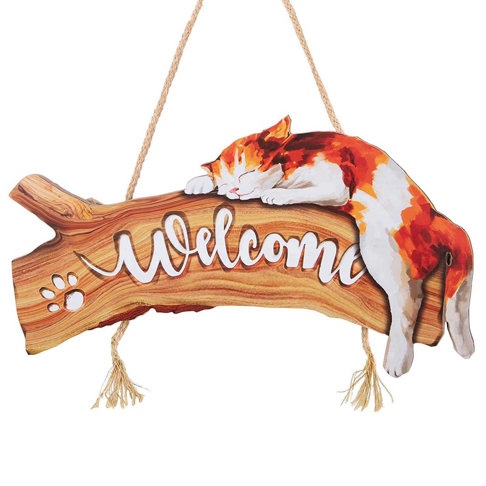 LLdress 14.5'' Welcome Sign for Front Door, Porch Wood Sign, Rustic Hanging Welcome Sign, Door Decorations With Painting Sign, for Outdoor or Indoor Home Farmhouse Cat Lover Housewarming Gift