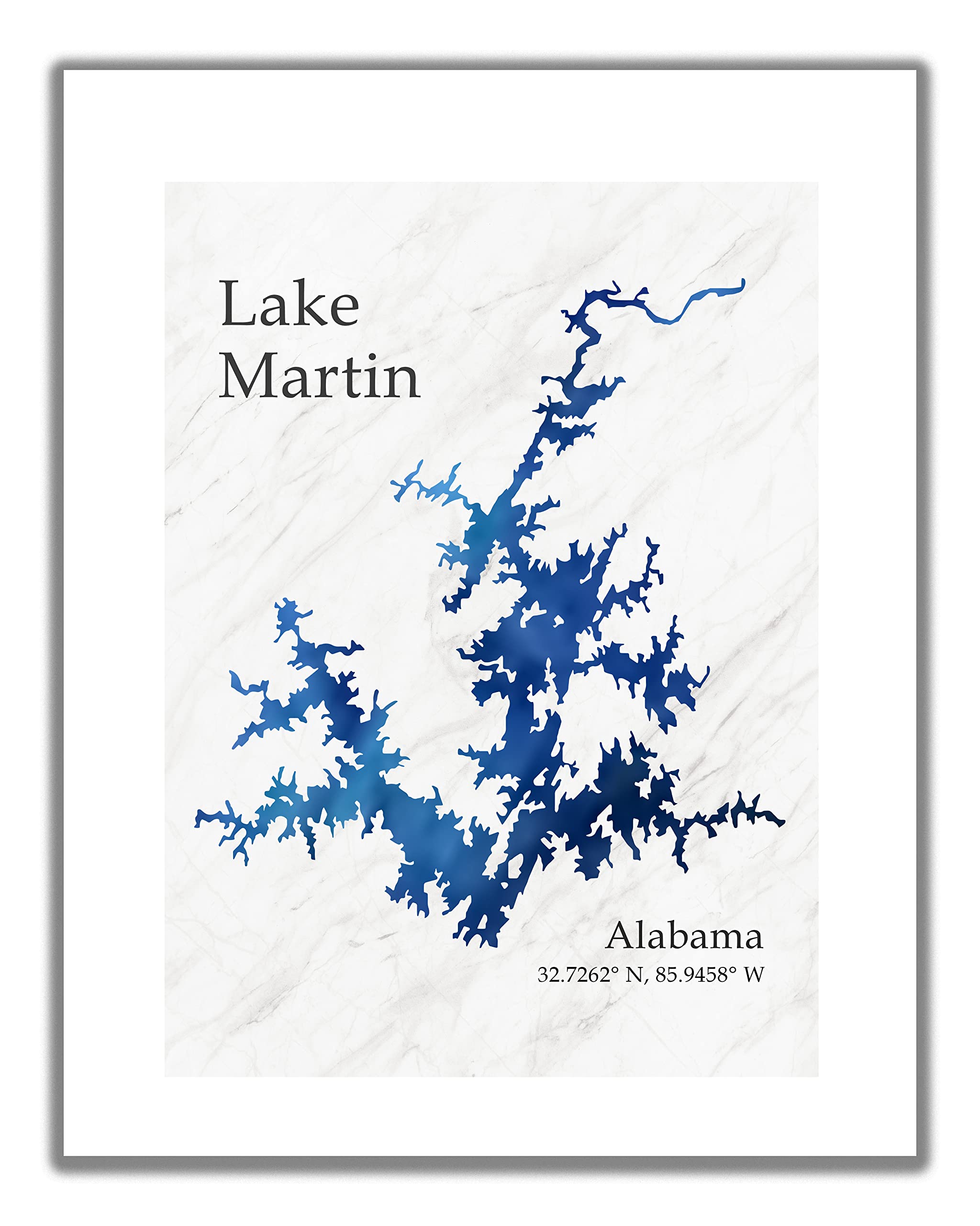 Lake Martin AL Wall Art Print. 11x14 UNFRAMED Giclee Watercolor Aesthetic Minimalist Decor with State & Map Coordinates. Navy, Blue, Gray & White Alabama Lake-Themed Gift.