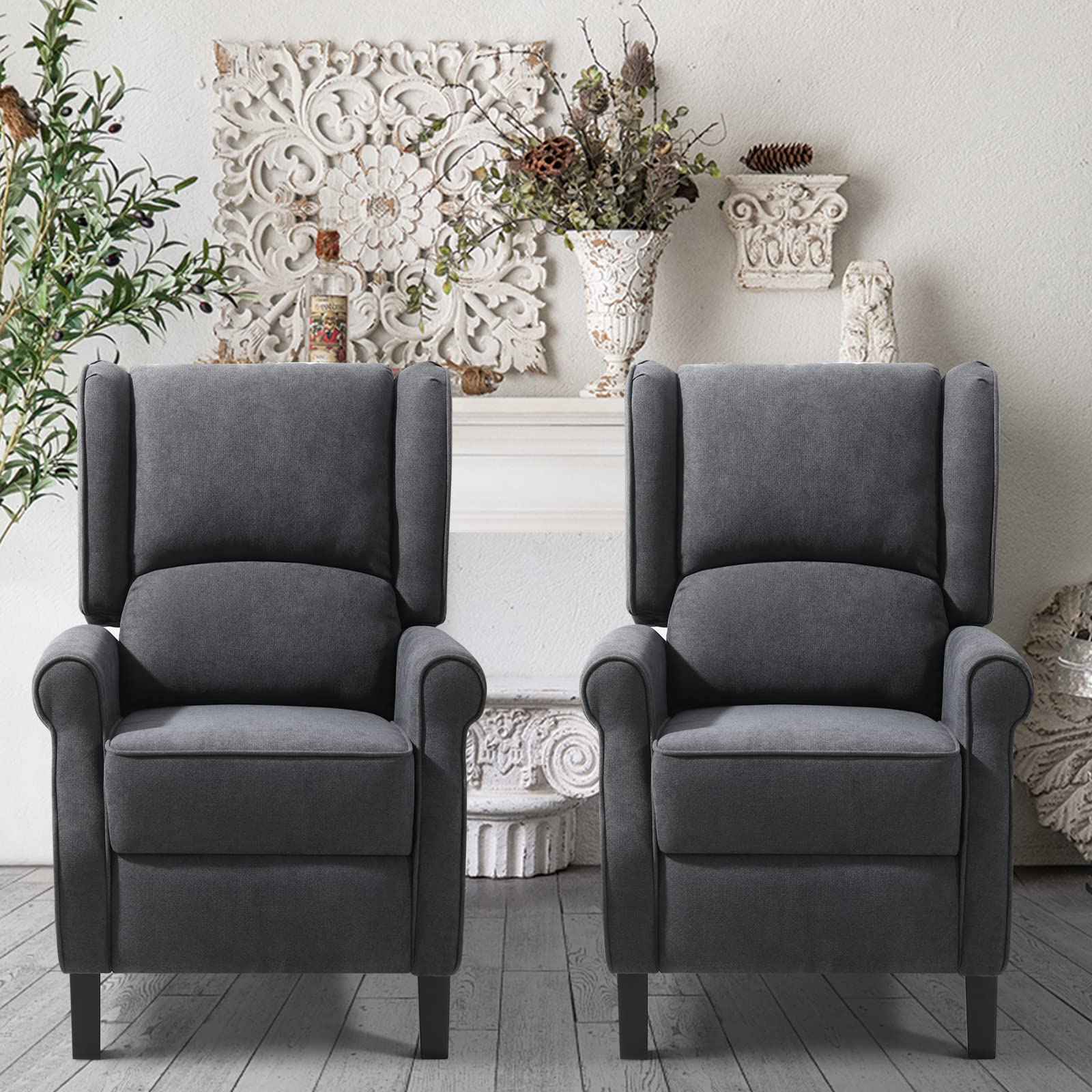 LEISLAND Accent Chair Set of 2 Recliner Wingback Chair with Massage and Heat, Tufted Fabric Arm Chair Sofa for Reading, Living Room and Bedroom (Charcoal)