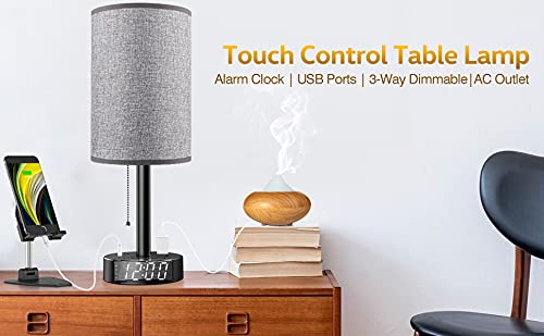 Gray Nightstand Light Lampshade 6ft Plug Extension Cord Dual USB Charging Port AC Outlet, Cylinder Desk Lamp Clock Charger Bedroom Home Dorm School Office Electric Adapter Socket Reading Work Study