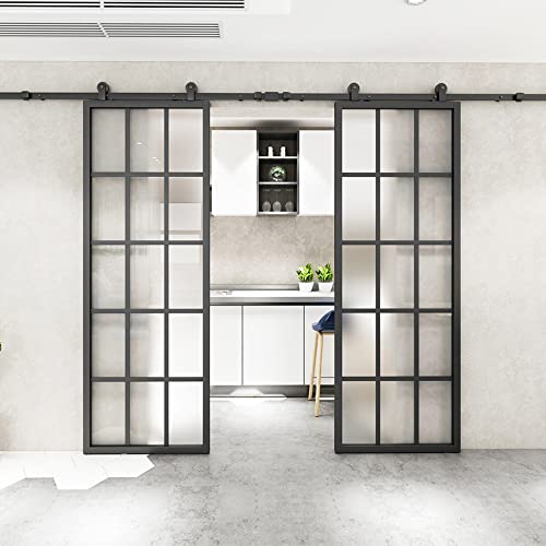 BARNSMITH 60in x 84in Double Glass Barn Door with 13FT Top Mounted Hardware Kit, 5-lite Modern Black Aluminum Tempered Frosted Glass Sliding Door, Assemble Required(2 * 30inx 84in)
