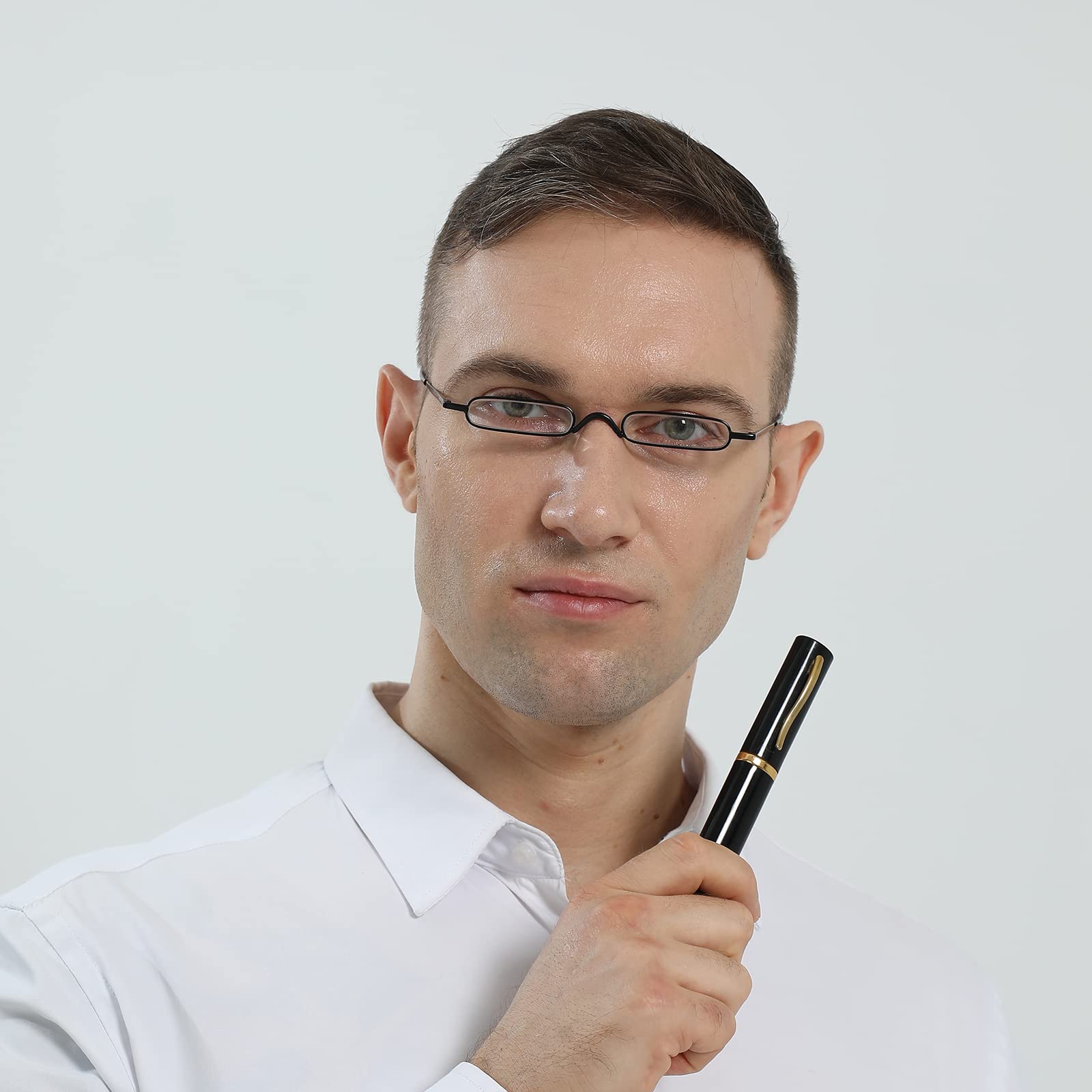 DXYXYO Slim Pocket Reading Glasses Men 2 Pack, Womens Compact Small Metal Readers with Portable Case, 2.0+ Black and Grey
