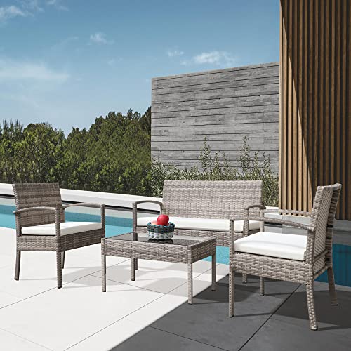 EMKK 4 Pieces Outdoor Sectional Wicker Patio Furniture Sets, All-Weather Rattan Sofa Conversation Cushions, Loveseat, Glass Table, Shallow Grey