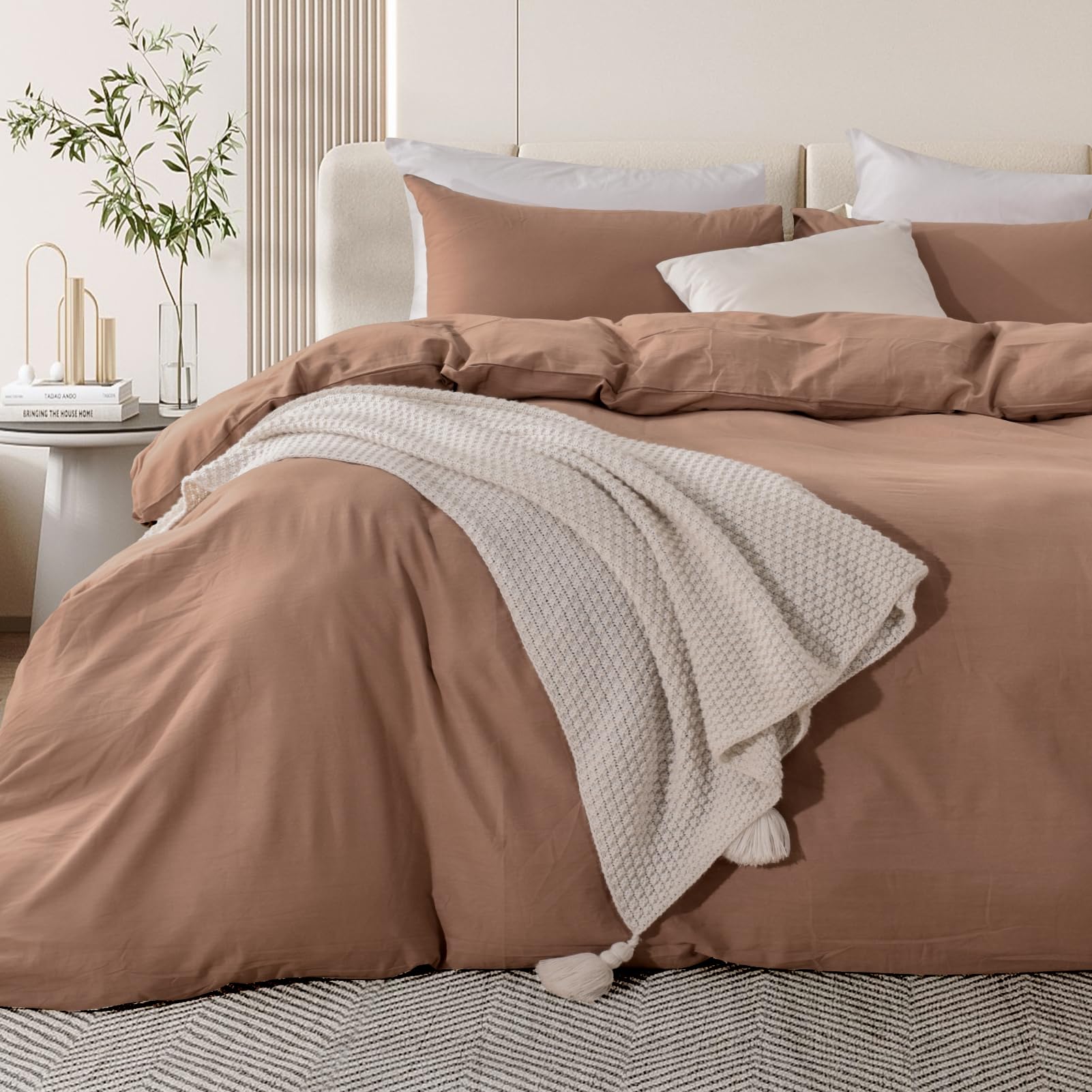 NEXHOME PRO Duvet Cover Set Queen Size Linen Textured Organic Natural 100% Washed Cotton Duvet Cover Mocha Brown 3 Pieces Bedding Set with Zipper Closure, Breathable, Soft (No Comforter)