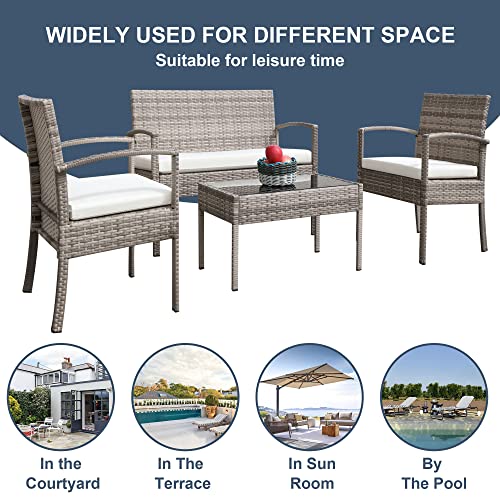 EMKK 4 Pieces Outdoor Sectional Wicker Patio Furniture Sets, All-Weather Rattan Sofa Conversation Cushions, Loveseat, Glass Table, Shallow Grey