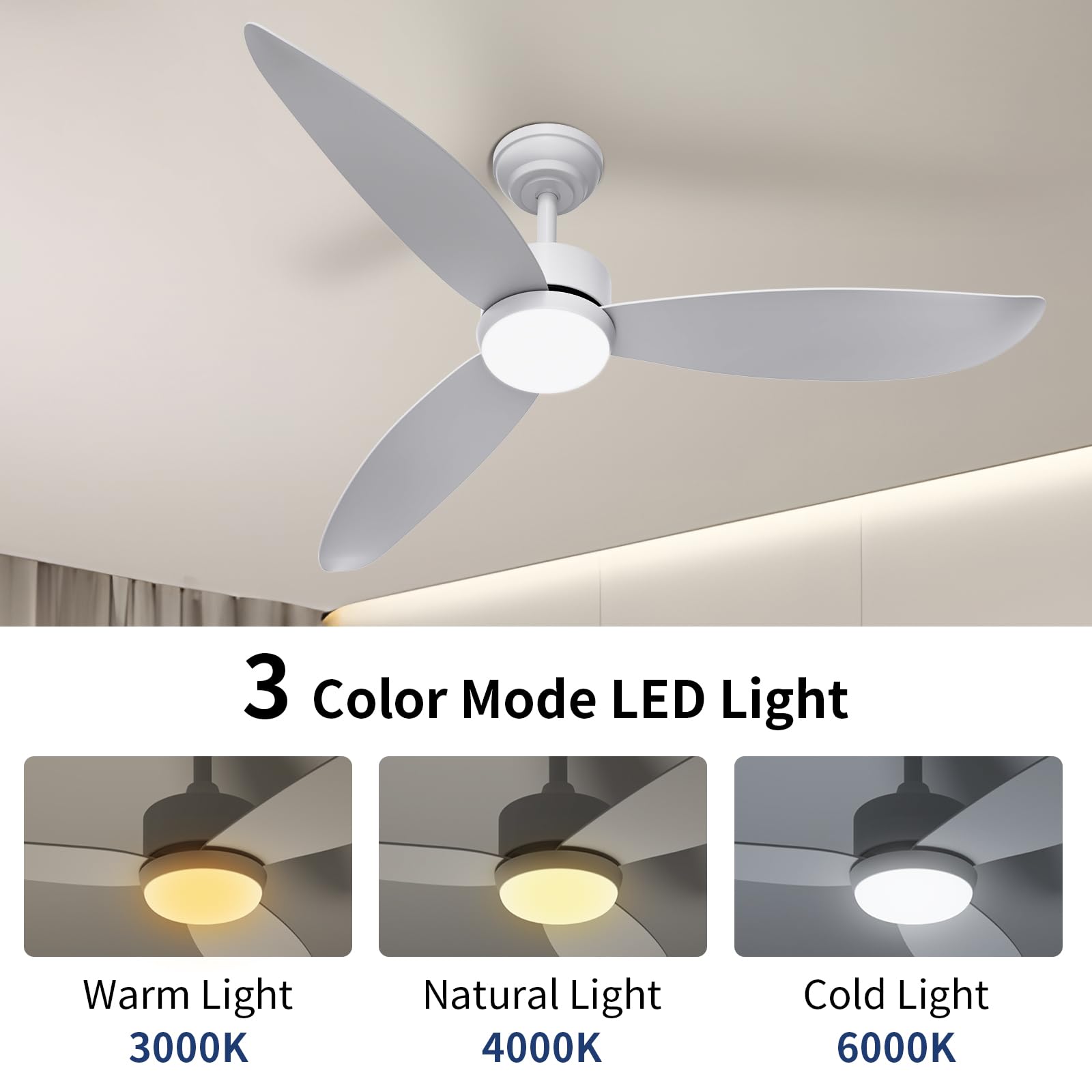 raccroc Ceiling Fans with Lights,52'' Ceiling Fan with Remote Control, 6 Speeds Indoor Outdoor Ceiling Fans with 22W 3CCT Dimmable LED Light, Noiseless DC Motor & 3 Reversible Blades White