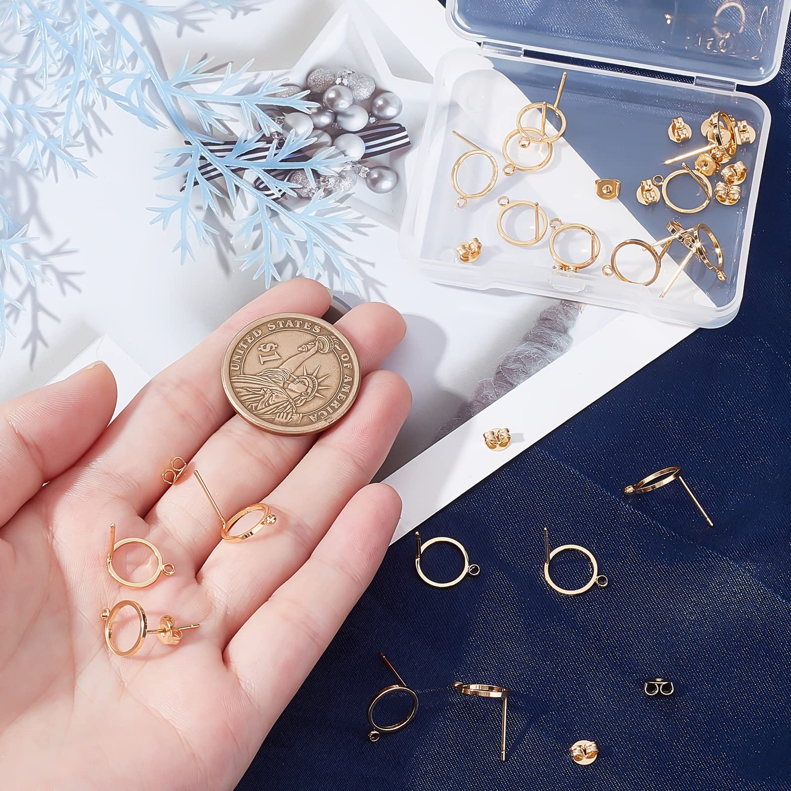 Beebeecraft 1 Box 20Pcs 18K Gold Plated Stud Earrings with Loop Simple Circle Geometry Earring Posts with 20Pcs Butterfly Ear Back for Valentine's Day Jewelry Making