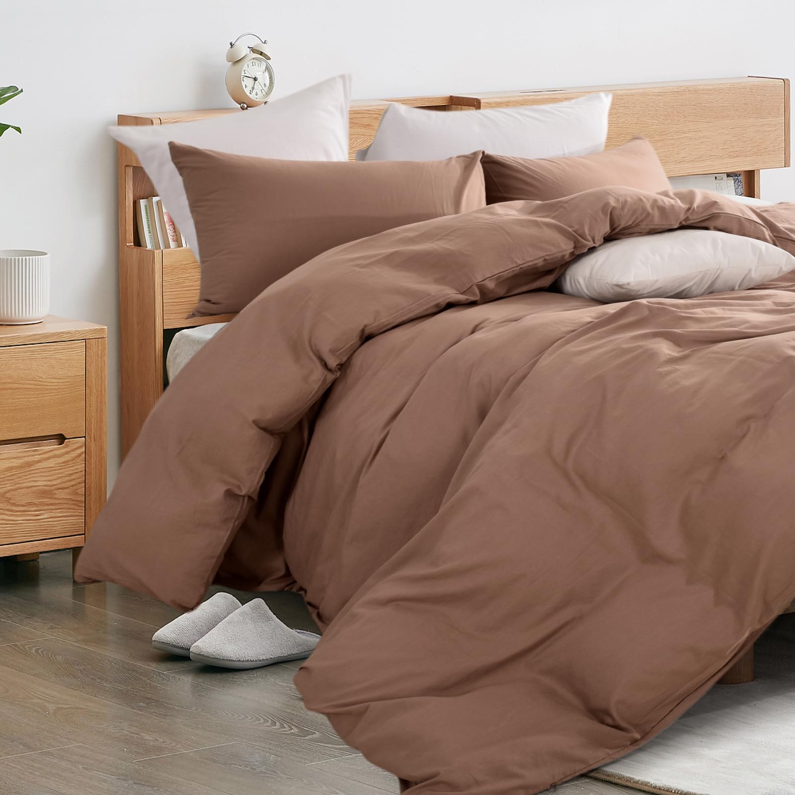 NEXHOME PRO Duvet Cover Set Queen Size Linen Textured Organic Natural 100% Washed Cotton Duvet Cover Mocha Brown 3 Pieces Bedding Set with Zipper Closure, Breathable, Soft (No Comforter)