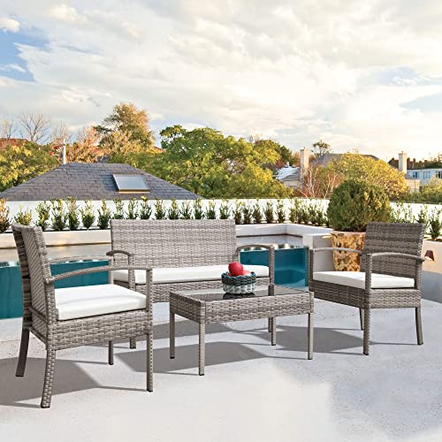 EMKK 4 Pieces Outdoor Sectional Wicker Patio Furniture Sets, All-Weather Rattan Sofa Conversation Cushions, Loveseat, Glass Table, Shallow Grey