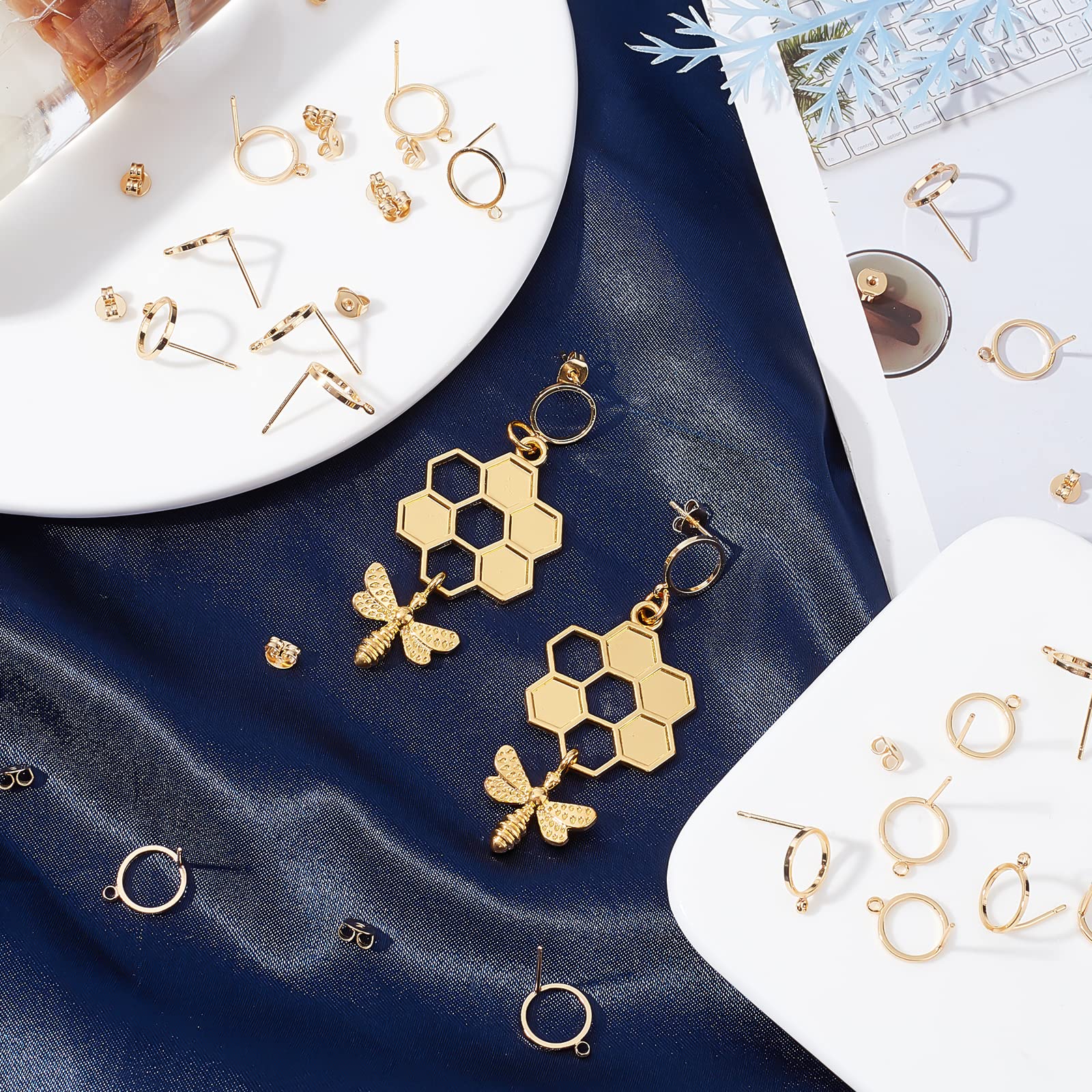 Beebeecraft 1 Box 20Pcs 18K Gold Plated Stud Earrings with Loop Simple Circle Geometry Earring Posts with 20Pcs Butterfly Ear Back for Valentine's Day Jewelry Making