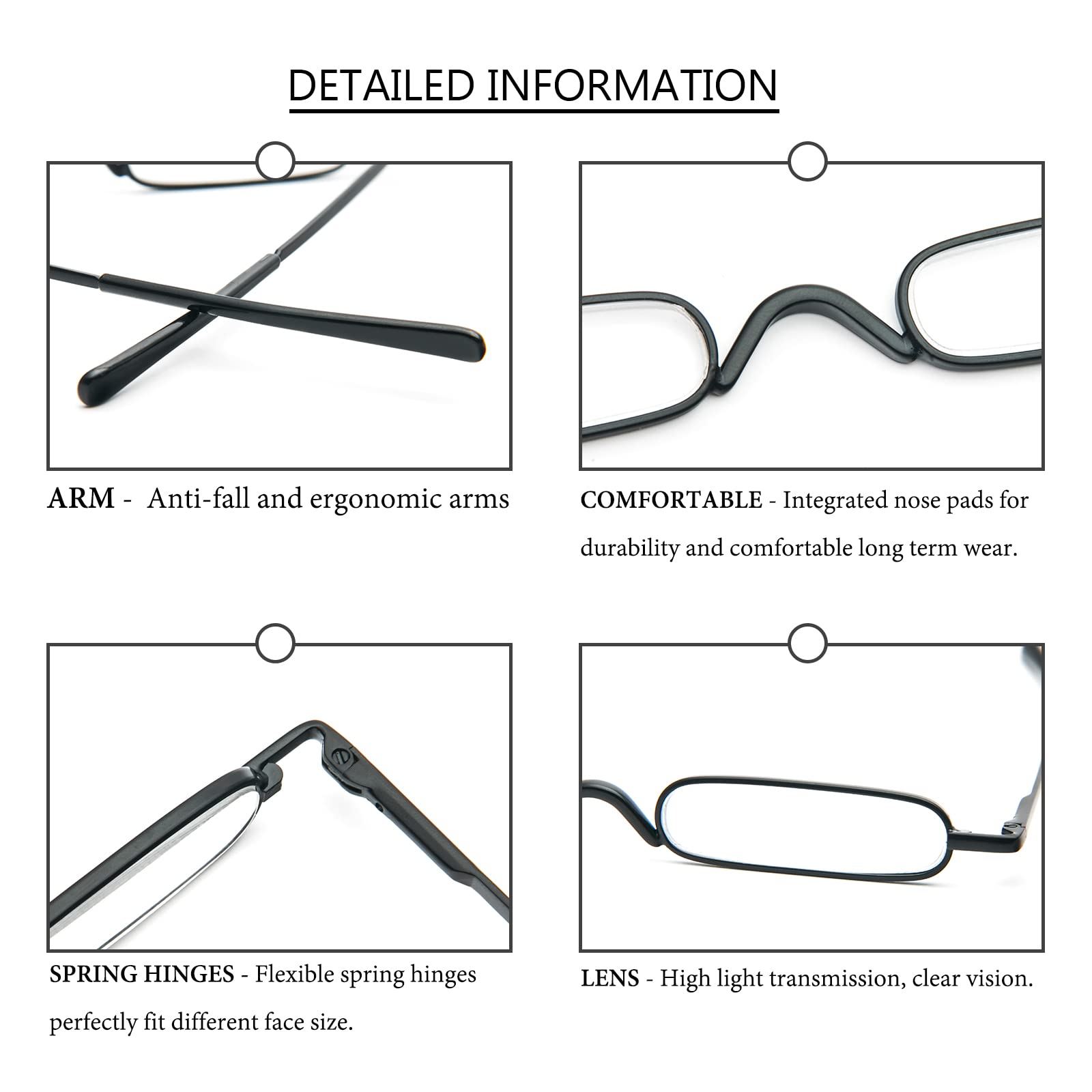 DXYXYO Slim Pocket Reading Glasses Men 2 Pack, Womens Compact Small Metal Readers with Portable Case, 2.0+ Black and Grey