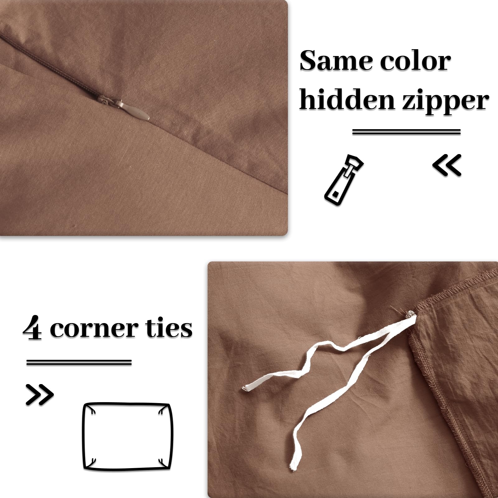 NEXHOME PRO Duvet Cover Set Queen Size Linen Textured Organic Natural 100% Washed Cotton Duvet Cover Mocha Brown 3 Pieces Bedding Set with Zipper Closure, Breathable, Soft (No Comforter)