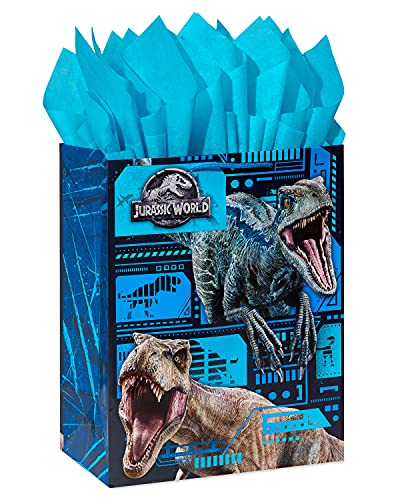 American Greetings 13" Large Birthday Gift Bag with Tissue Paper, Jurassic World (1 Bag, 6-Sheets)