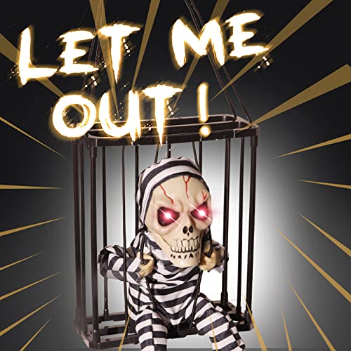 BINDUO Scary Halloween Decoration Outdoor Skull Decor with Motion Sensor Hanging Skulls Prisoner Cage Light Up Eyes Talking Spooky Spirit Halloween Animatronic Home Decor
