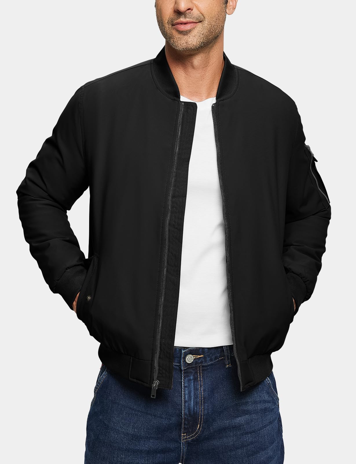 TBMPOY Men's Bomber Jacket Lightweight Winter Windbreaker Zip Up Padded Softshell Windproof Water-Resistant Casual Fall Coat Black XS