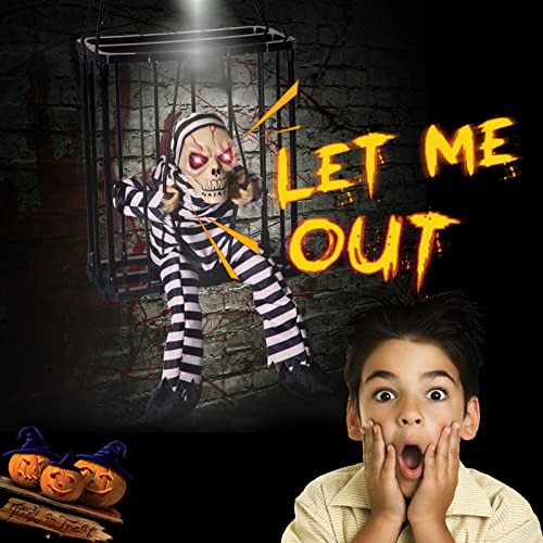 BINDUO Scary Halloween Decoration Outdoor Skull Decor with Motion Sensor Hanging Skulls Prisoner Cage Light Up Eyes Talking Spooky Spirit Halloween Animatronic Home Decor