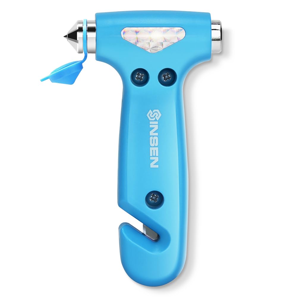 SINSEN Car Safety Hammer, Automotive Window Breaker and Seatbelt Cutter for Women, Roadside Emergency Kit, 3 in 1 Escape Tools, Road Trip Essential and Must Haves (1, Blue)
