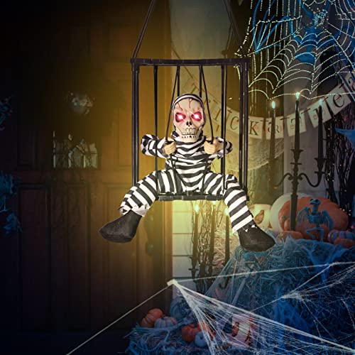 BINDUO Scary Halloween Decoration Outdoor Skull Decor with Motion Sensor Hanging Skulls Prisoner Cage Light Up Eyes Talking Spooky Spirit Halloween Animatronic Home Decor