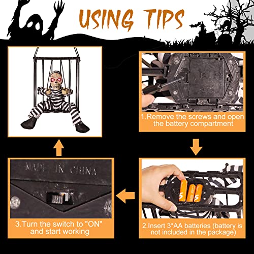 BINDUO Scary Halloween Decoration Outdoor Skull Decor with Motion Sensor Hanging Skulls Prisoner Cage Light Up Eyes Talking Spooky Spirit Halloween Animatronic Home Decor