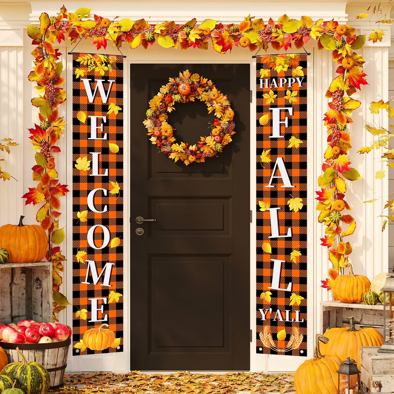 Fall Decor - Fall Outdoor Sign Decorations for Home - WELCOME HAPPY FALL YALL Large Hanging Flags Signs Porch Banners - Autumn Decor for Home Door Yard Outdoor