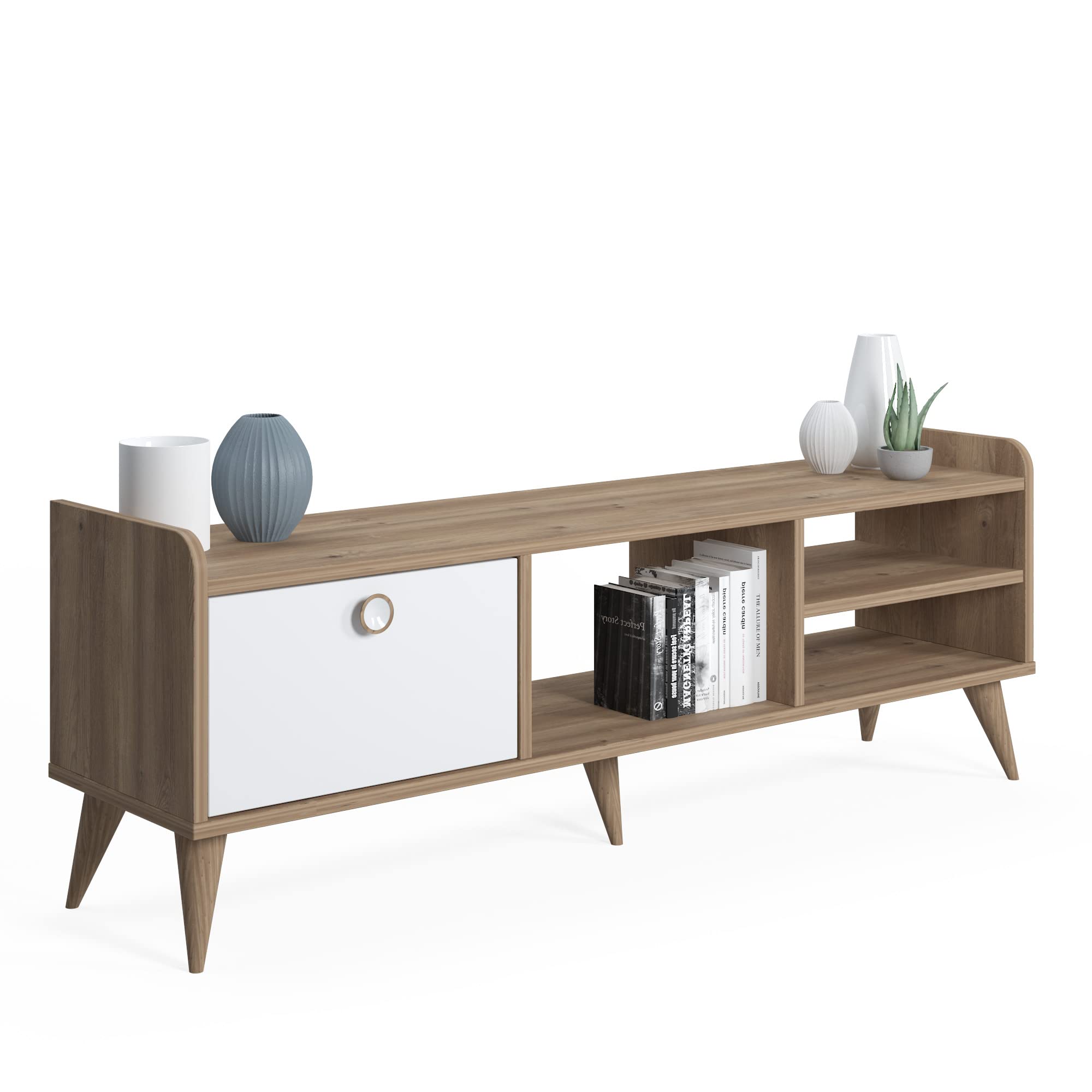 Ruumstore Vena TV Stand 55'', with 1 Flip Door and 3 Shelves, TV Stand for Media, Natural Oak Colour