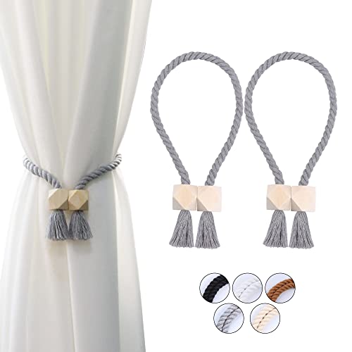 OCIOLI 2 Pack Strong Magnetic Curtain Tiebacks Curtain Holdbacks Outdoor Curtain Tiebacks Cotton Hand Woven Tie Backs Drapery Holdbacks Curtain Ties for Drapes (Grey, 2)