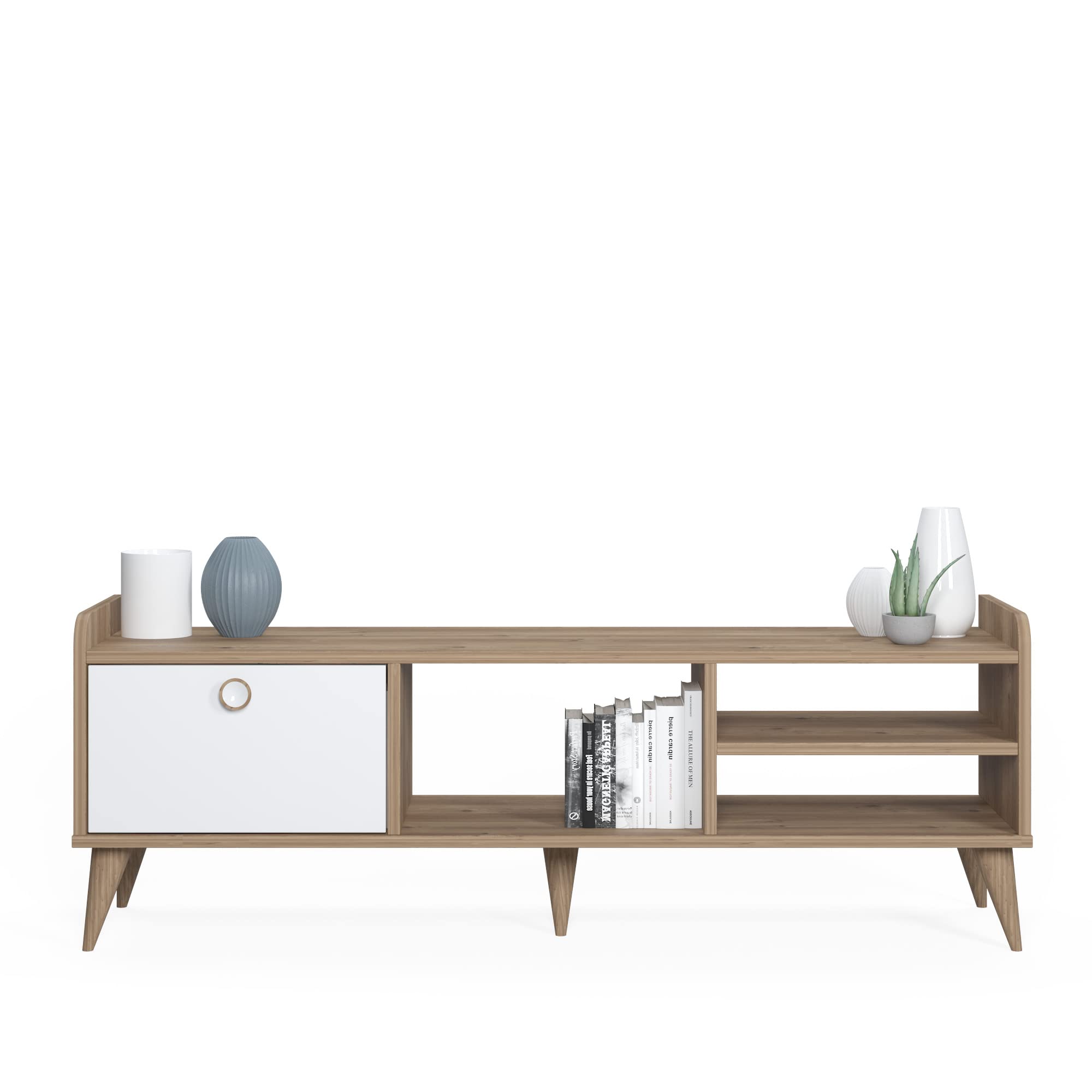 Ruumstore Vena TV Stand 55'', with 1 Flip Door and 3 Shelves, TV Stand for Media, Natural Oak Colour