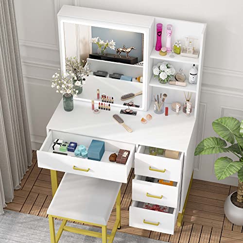 PAKASEPT Makeup Vanity with Sliding Lighted Mirror, Vanity Desk Dressing Table with 4 Drawers, White Vanity with Hidden Shelves & Cushioned Stool for Bedroom(White)