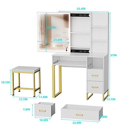 PAKASEPT Makeup Vanity with Sliding Lighted Mirror, Vanity Desk Dressing Table with 4 Drawers, White Vanity with Hidden Shelves & Cushioned Stool for Bedroom(White)