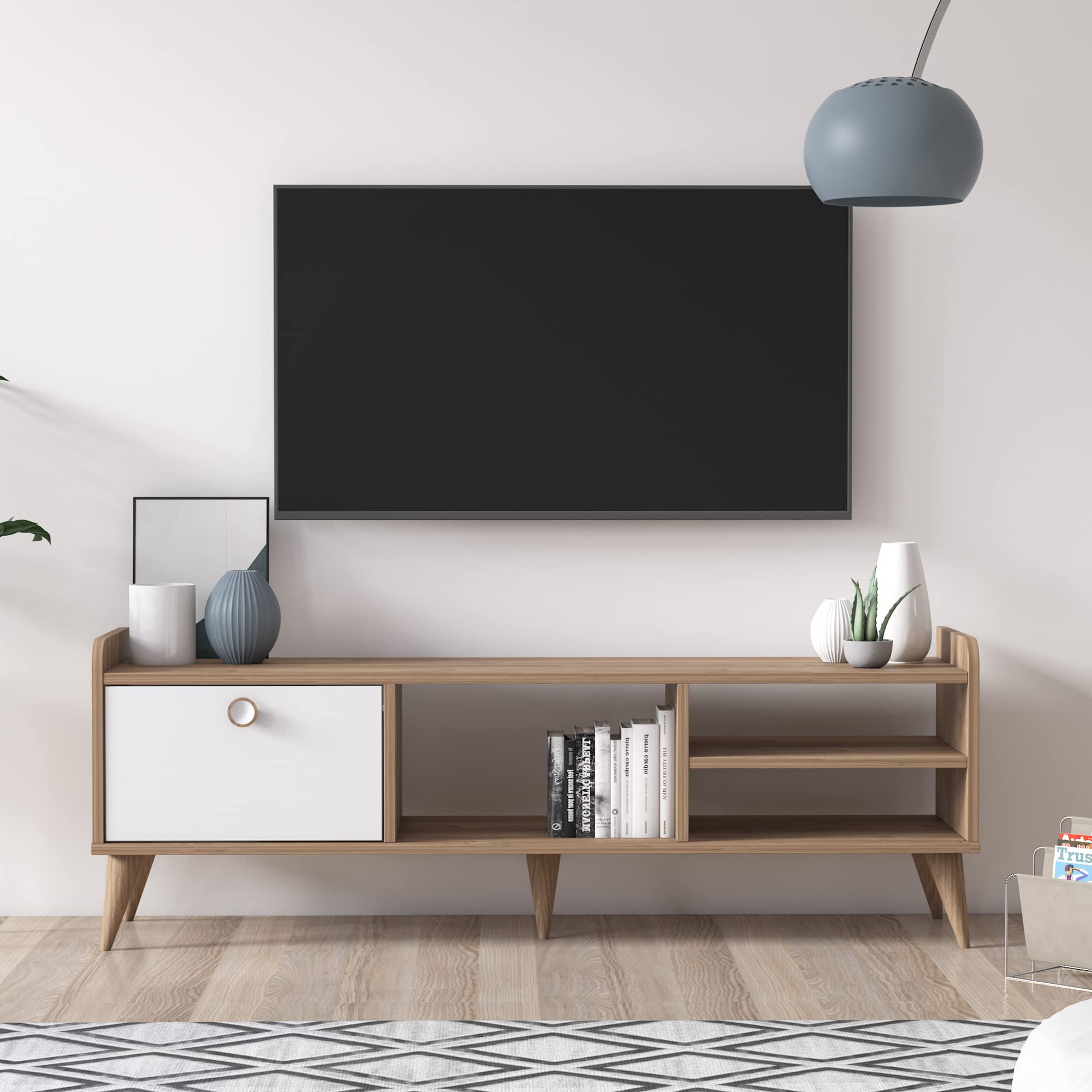 Ruumstore Vena TV Stand 55'', with 1 Flip Door and 3 Shelves, TV Stand for Media, Natural Oak Colour