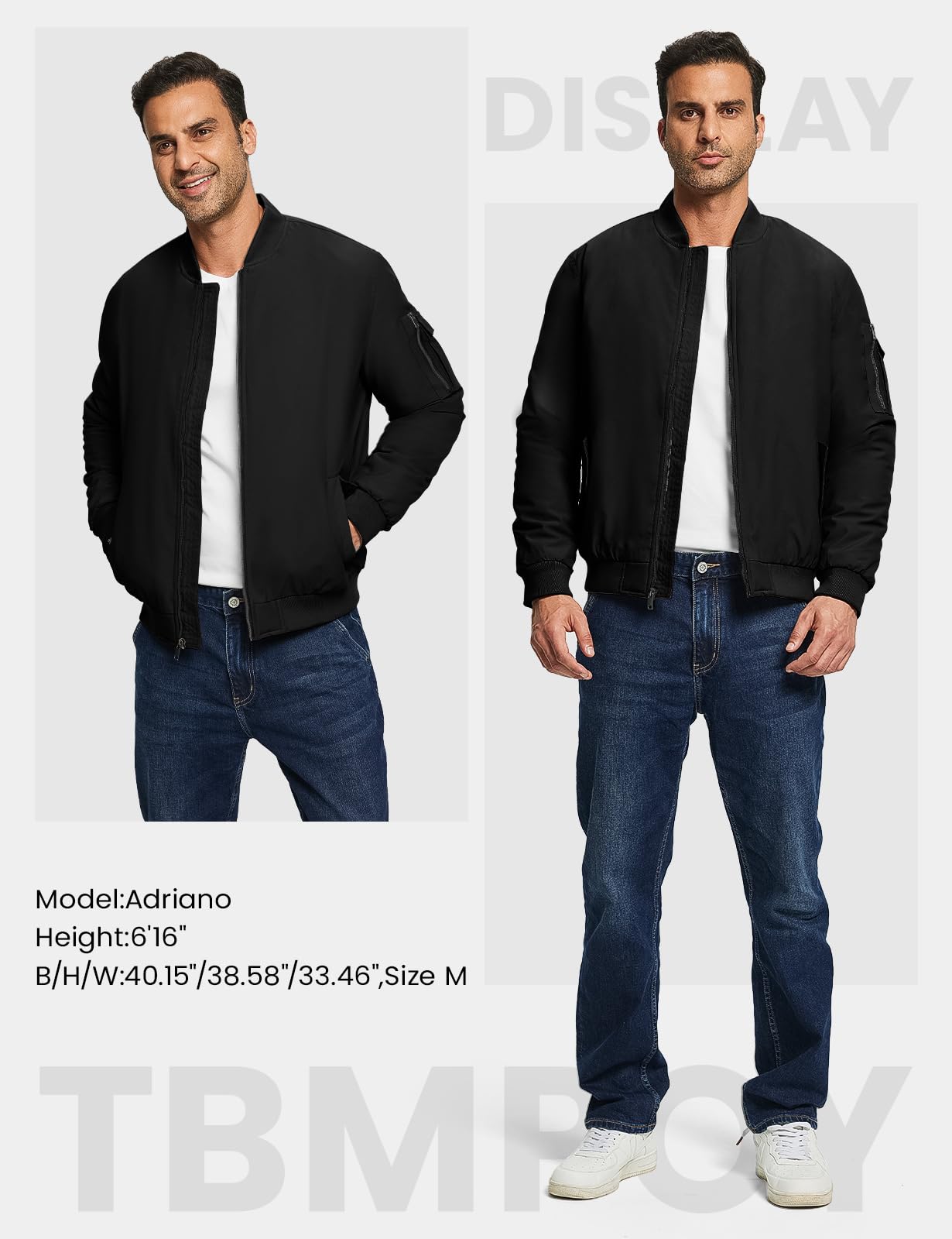 TBMPOY Men's Bomber Jacket Lightweight Winter Windbreaker Zip Up Padded Softshell Windproof Water-Resistant Casual Fall Coat Black XS