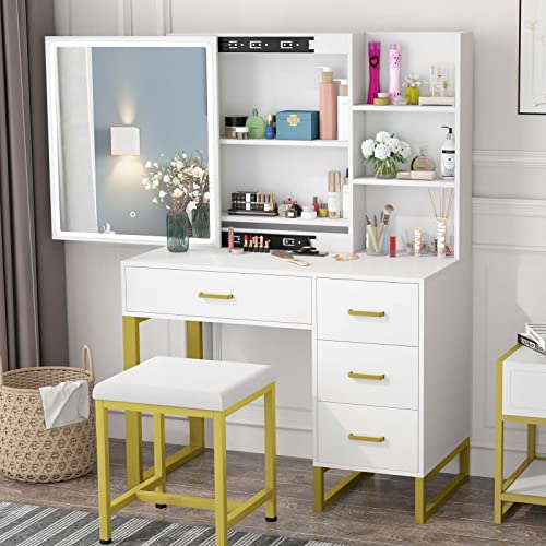 PAKASEPT Makeup Vanity with Sliding Lighted Mirror, Vanity Desk Dressing Table with 4 Drawers, White Vanity with Hidden Shelves & Cushioned Stool for Bedroom(White)