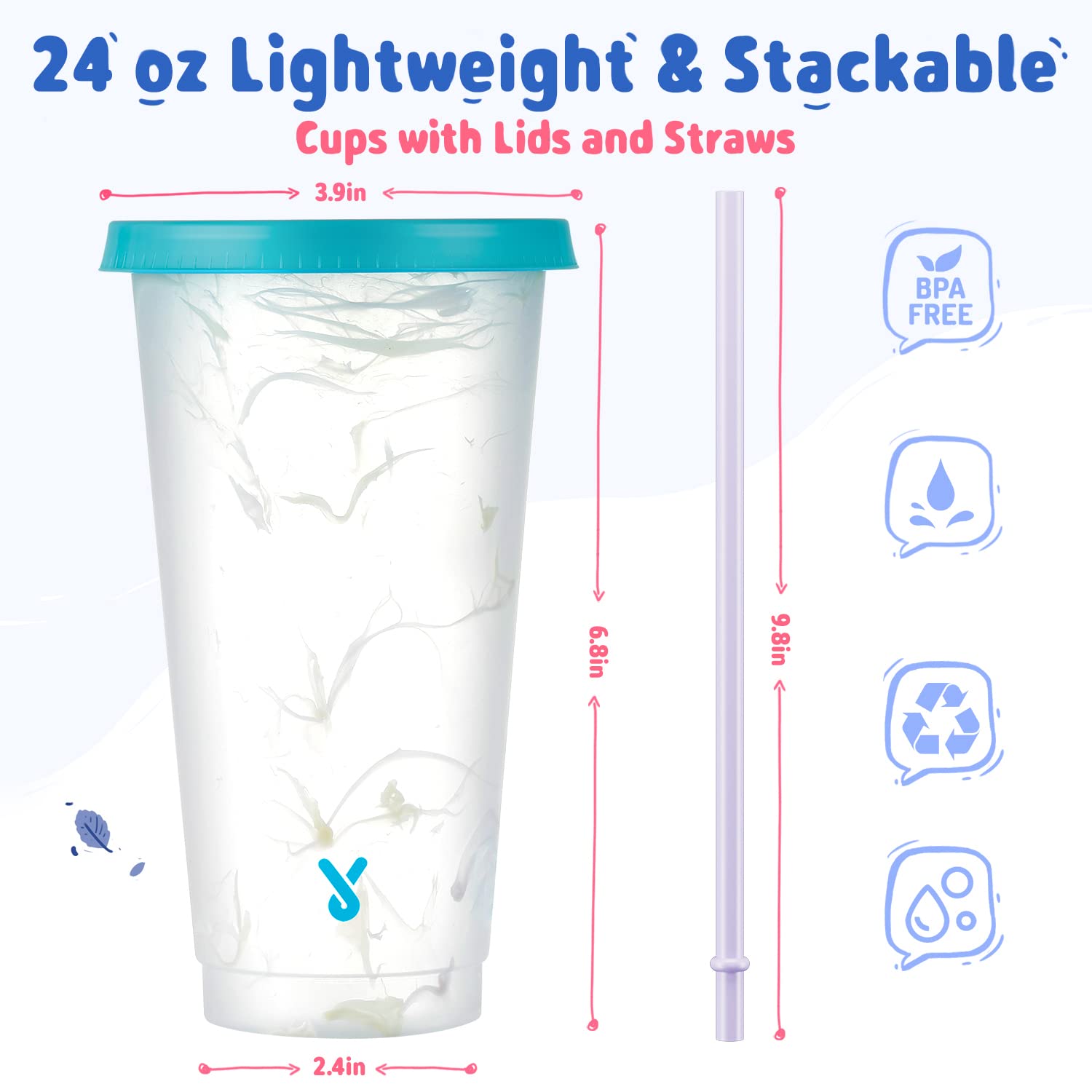 Meoky Color Changing Cold Cups with Lids and Straws - 10 Pack 24 oz Plastic Cute Tumblers Bulk, Reusable for Kids Women Party, Iced Coffee(Swirl)