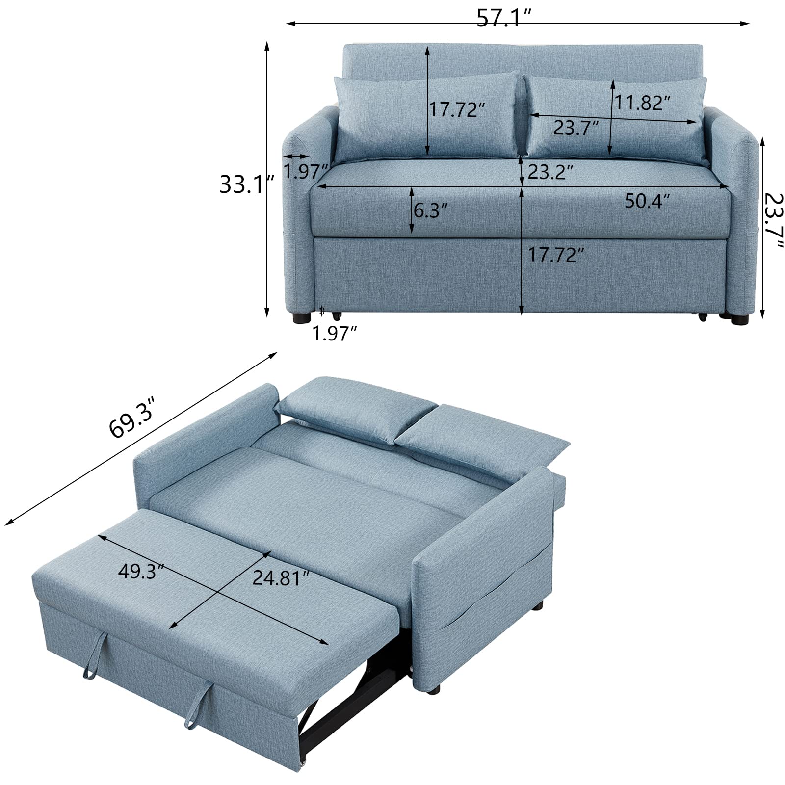 Aoowow Convertible Sleeper Sofa Bed 57 Inches, Faux Leather 2 Seats Sofa with Pull Out Bed,Loveseat Sofa Couch with Adjustable Backrest, 2 Pillows Pocket for Living Room Small Apartment (Sky Blue)